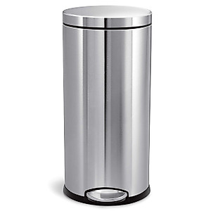 simplehuman 30 Liter / 8 Gallon Round Step Trash Can, Brushed Stainless Steel,15.1 x 12.4 x 25.6 inches