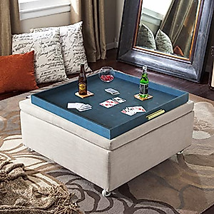 HofferRuffer Extra Large Square Serving Tray, Elegant Faux Leather Ottoman Tray with Gold Hardware Handles, Serve Tea, Coffee or Breakfast in Bed, 24 x 24 inches (Navy Blue Shagreen)