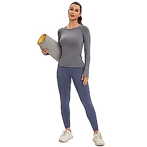 MathCat Workout Seamless Shirts for Women Long-Sleeved Yoga Running Breathable Thumb Holes Tops Grey