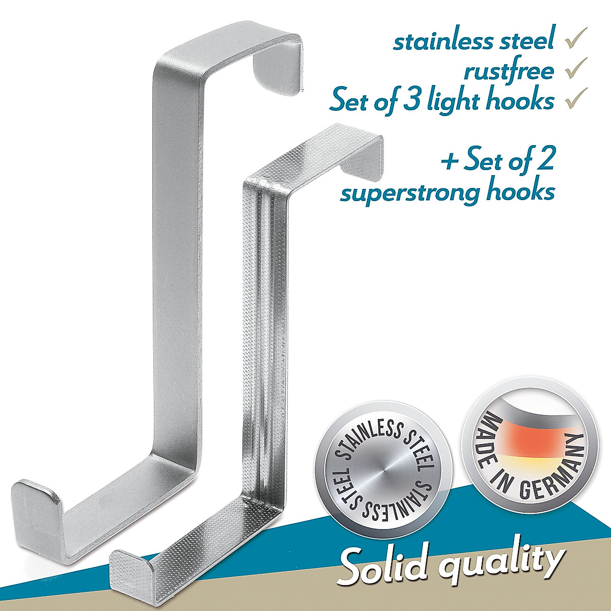 4smile Over The Door Hooks, 3 + 2 Pack - Stainless Steel Door Hanger with Foam + Adhesive Pads - Z-Shaped Metal Door Hooks for Hanging on Different Door Widths, Rust Free