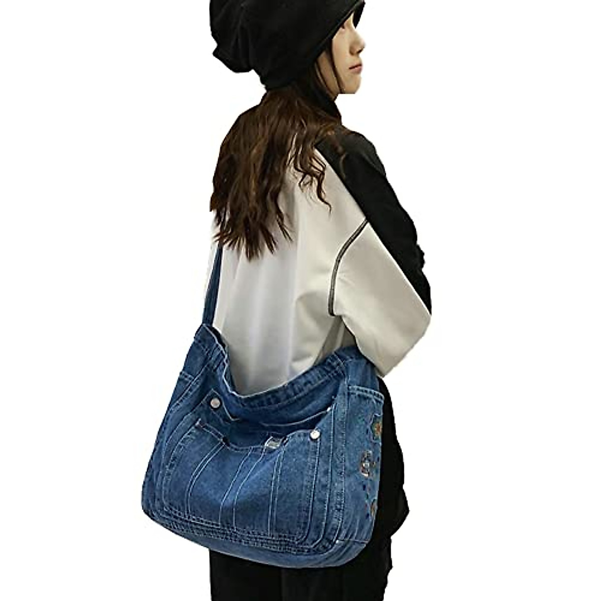 Denim Hobo Bags for Women Retro Jean Shoulder Bag with Embroidery Casual Tote Handbags Multi Pockets Vintage Satchel Bags