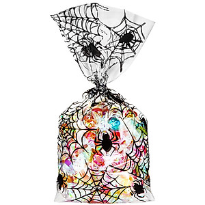 HESTYA 50 Counts 15 x 25 cm Halloween Cellophane Treat Bags Pumpkin Halloween Clear Sweet Candy Bags with 300 Pieces Twist Ties for Halloween Christmas Party Favor