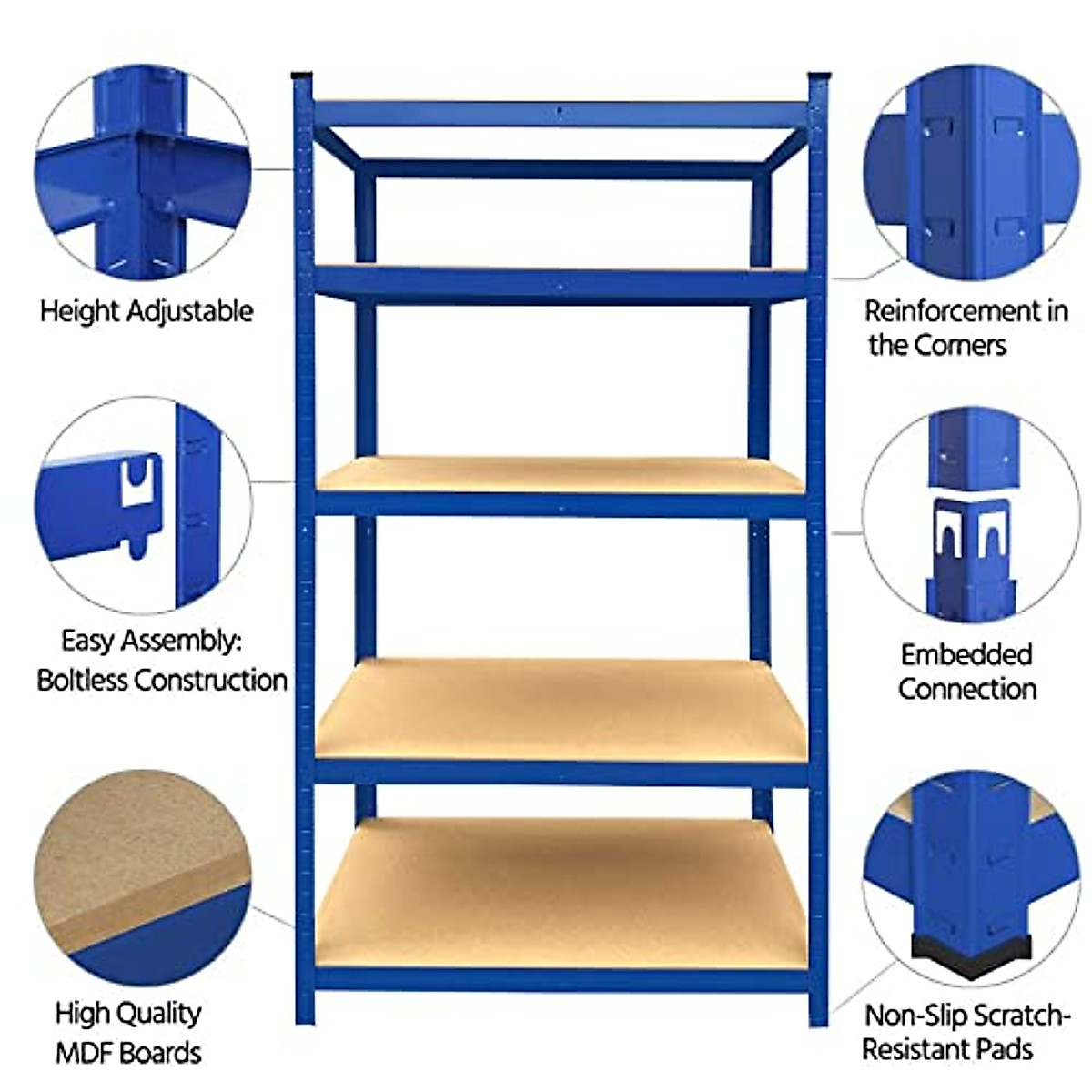 60" Heavy Duty Shelving Unit Metal Shelve, 5 Tier Multi-Use Steel Storage Rack, Bolt-free Assembly, Adjustable Garage Storage Utility Shelf with Durable MDF Boards for Home Office Kitchen, Blue