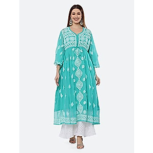 FAWOMENT Women's Lucknowi Chikan Embroidery Exclusive Panel Gown alongwith Kurti (S, Aqua Green)