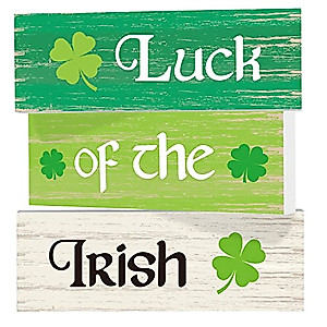 Whaline St. Patrick's Day Decor 3-layered Green Shamrock Wood Block St. Patricks Decorations Luck of the Irish Prints Wood Sign Tiered Tray Table Decorations for Home Living Room Mantle Dining Table, 3Pcs