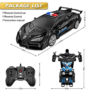 LNNKINE Remote Control Car, Transform Robot RC Cars, 2.4Ghz Transforming Police Car Toy with LED Light, One-Button Deformation and 360° Rotating Drifting, Toys for Boys Age 4-7 8-12