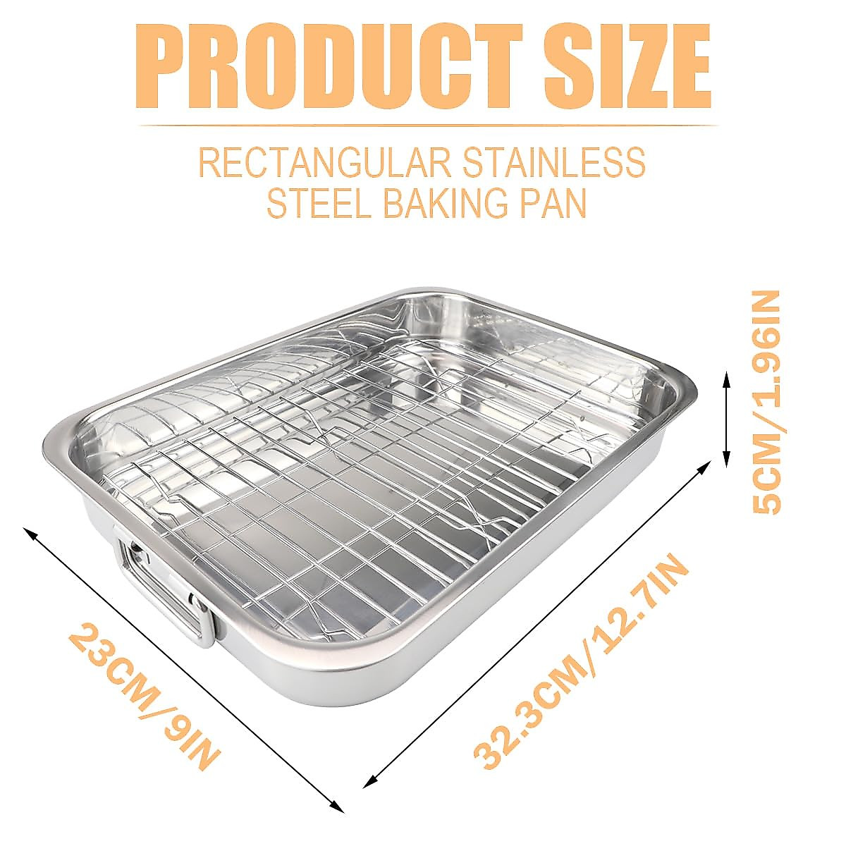 Roasting Pan with Rack Stainless Steel Roaster Pan Tray Rectangular Baking Pan BBQ Bakeware Quarter Sheet with Handles for Baking Cooking (23.5x17.5x5CM)