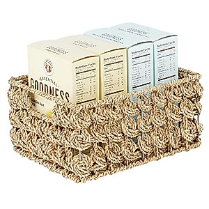 mDesign Seagrass Woven Rectangular Storage Basket Bin with Handles, Rectangle Weave Seagrass Storage Baskets for Shelves, Cubbies, Home, Hold Hand Towels, Food, Snacks, Appliances, 6 Pack, Natural/Tan