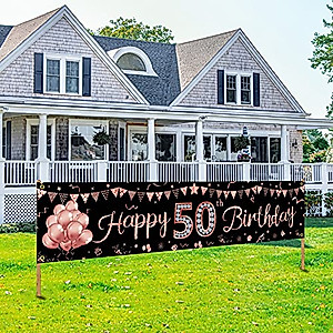 Happy 50th Birthday Banner Decorations for Women, Rose Gold 50 Birthday Sign Party Supplies, Glitter Fifty Birthday Backdrop Decor for Outdoor Indoor