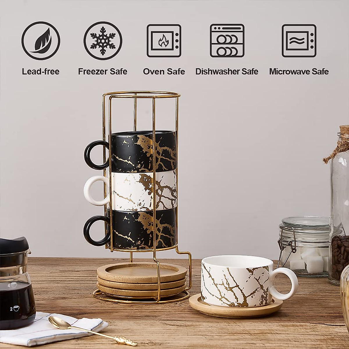 LUKA Porcelain Espresso Cup with Metal Stand, 6 Ounce Stackable Ceramic Demitasse Espresso Mugs Cappuccino Cups Set for Latte,Coffee,Cafe Mocha,Tea(Set of 4)