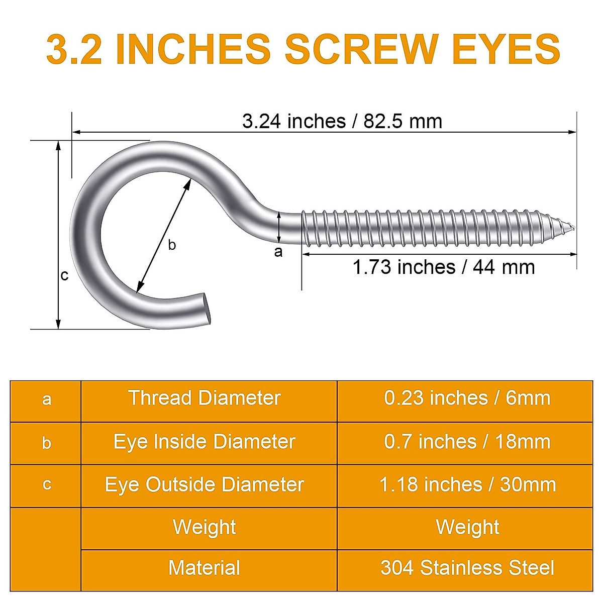 YAIRMIS Pack of 12 M6 Metal Hooks, heavy-duty304 Stainless Steel Screw Hooks, self-Tapping Eye-Ring Bolt Hooks, Wooden Terminal Eye-Hole Hooks, Pendant Lights and Wires, Strong