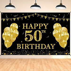 DARUNAXY Black Gold 50th Birthday Party Decorations, Happy 50th Birthday Banner Backdrop for Men Cheers to 50 Year Old Birthday Party Supplies, 6x3.6ft 50 Birthday Photography Background for Women