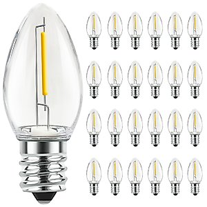 SUNSGNE C7 LED Christmas Lights Outdoor Replacement Bulbs, 0.6 Watt LED Night Light Bulbs fits E12 Candelabra Base Socket, E12 Led Bulb for Indoor Outdoor Decor, Warm White 2700K, Clear, 25 Pack