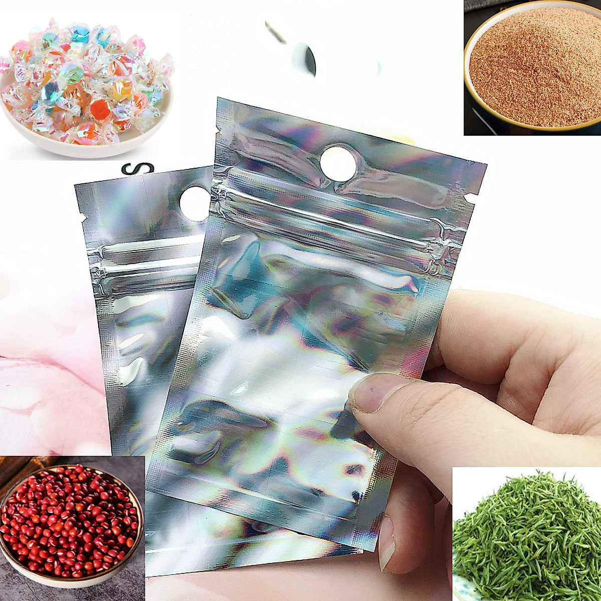 Markeny 200 Pack Rainbow Mylar Zip Lock Bags Aluminum Foil Bags Durable Double-Sided Metallic Foil Mylar Flat Mini Ziplock Bag