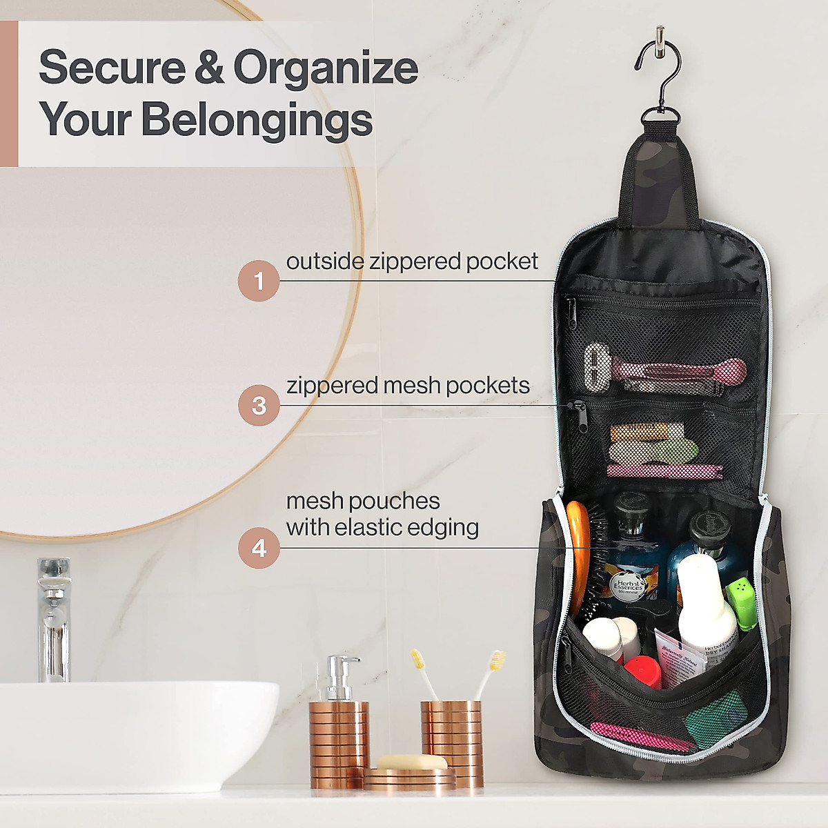 Wayfarer Supply Hanging Travel Toiletry Bag - Large Cosmetic Bag Organizer for Toiletries, Makeup and Shaving Supplies - Cruise and Travel Essentials for Women & Men, Camouflage