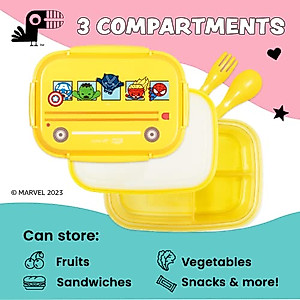 Yoobi x Marvel Avengers Bento Box and Ice Pack - 3 Compartment Kawaii Lunch Box w/Fork & Spoon, Dishwasher & Microwave Safe Food & Snack Container for Kids & Adults - BPA & PVC Free, Leakproof