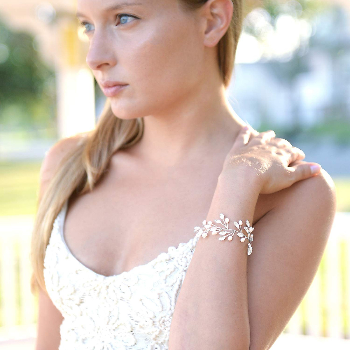 Mariell Bridal and Wedding Silver Bracelet with Crystal Gems and Freshwater Pearls, Fits 7" to 8 ½" Wrist