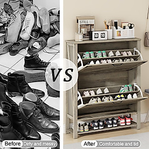 Shoe Cabinet with 2 Flip Drawers, Farmhouse Shoe Storage Cabinet for Entryway, Freestanding Shoe Organizer with Open Storage Rack, Narrow Shoe Rack Cabinet, Grey