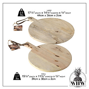 Gastro Chic Cutting Boards, Set of 2, Paddle Shaped, Rustic Mango Wood, Stitched Leather Hanging Straps, Food Safe, Each Over 1 Ft (17.25 and 15.25 Inches Long)