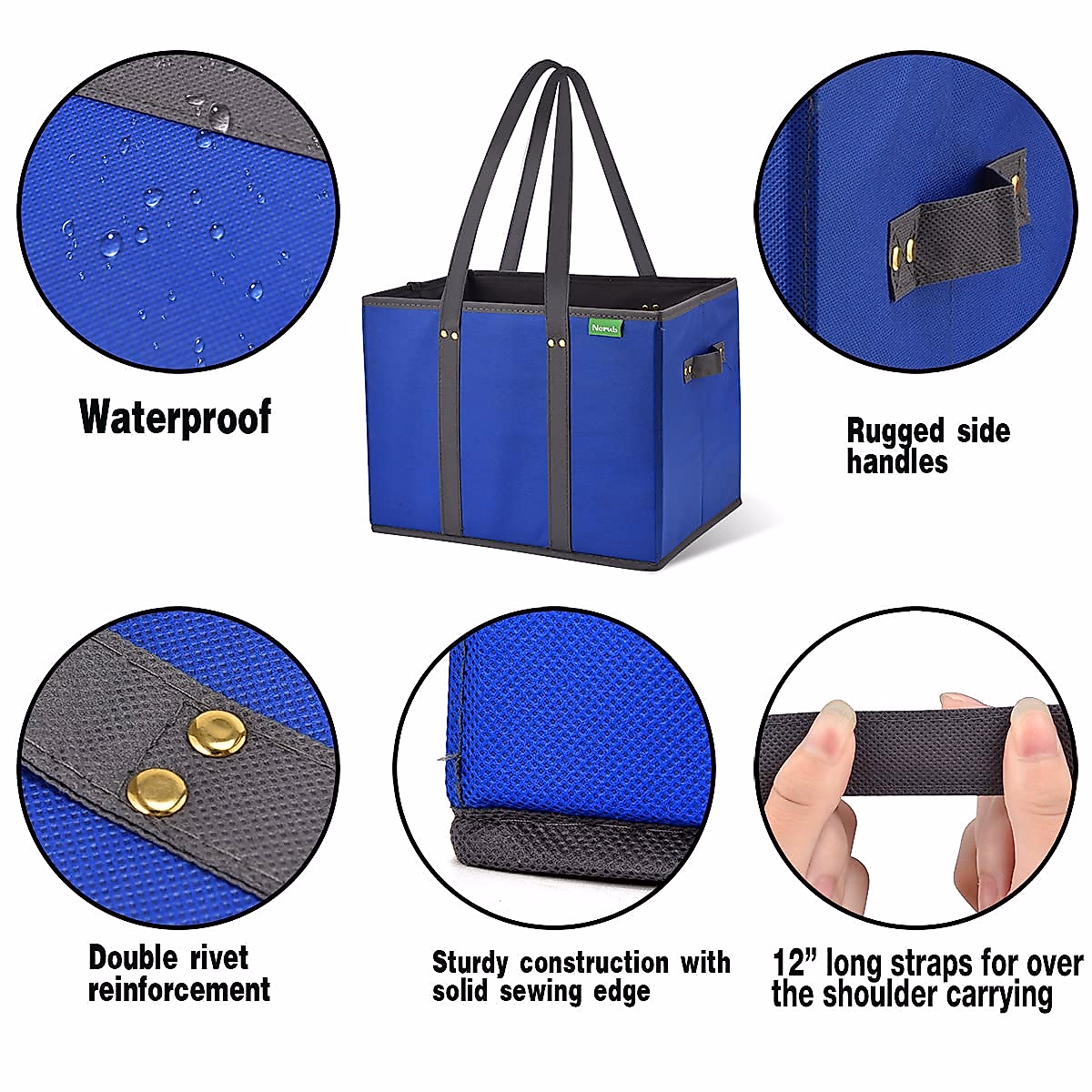 NERUB Reusable Grocery Bags Shopping Bags Grocery Tote Bag with Reinforced Bottom Heavy Duty Handles (Set of 3, Blue/Gray/Wave)