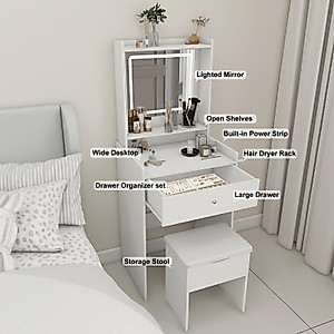 Hestiasko Small Vanity Desk with Mirror and Lights, 3 Lighting Modes Small Vanity with Chair and Outlet, Vanity Set for Bedroom, Vanity Small Place with Drawer Organizer Set, White