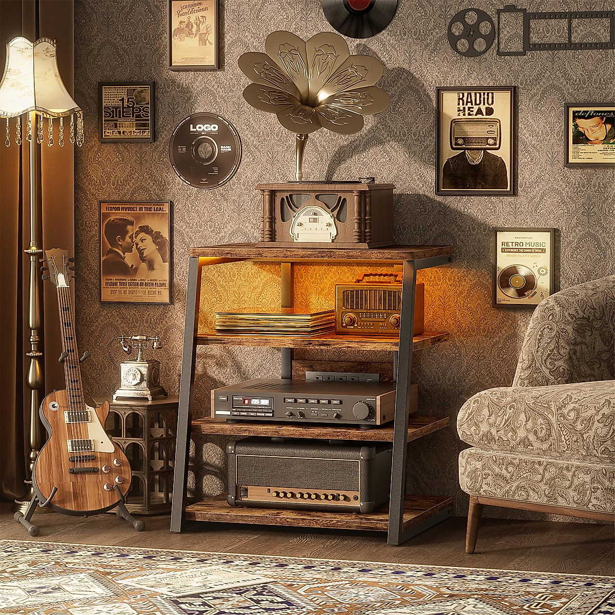 AV Media Stand with Outlets, Media Console with LED Lights, Stereo Racks and Stands with Storage Shelves, Media Audio Tower Cabinet, Rustic Brown