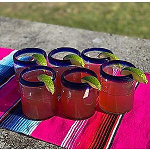 Hand Blown Mexican Drinking Glasses - Set of 6 Tumbler Glasses with Cobalt Blue Rims (10 oz each)
