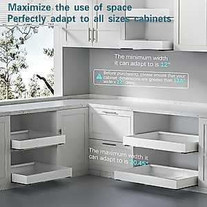 2Pack Expandable Pull Out Cabinet Organizer 21" Deep, Peel And Stick Slide Out Drawers for Kitchen Cabinet, Cabinet Pull Out Shelves, Roll Out Drawers Adjustable Width 12"-20.45" White
