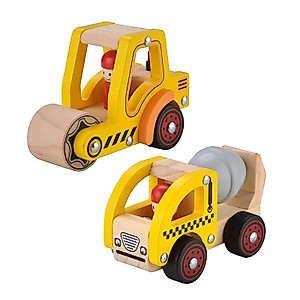 Wooden Push Car Toys for Infants 12-18 Months, 2 Pcs Baby Vehicle Toys Hand Push Car Toys for 1 2 Year Old Boys Girls (Cement Truck + Road Roller car)