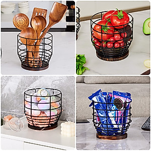 Yangbaga 2pcs Coffee Pod Holder ,Large Capacity Black Wire K cup Holder with Wooden Base,Modern Coffee Basket Coffee Bar Decor for Coffee Station for espresso Pods & Capsules，Fruit Snack Storage