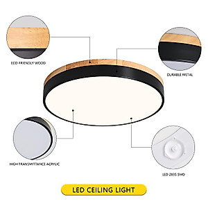 VIOLOEMI Modern Black Ceiling Light, Wood LED Close to Ceiling Lighting Fixtures, Round Flush Mount Ceiling Lamp for Kitchen Bedroom Bathroom Laundry Room Nursery Room Hallway（15.74 Inch）
