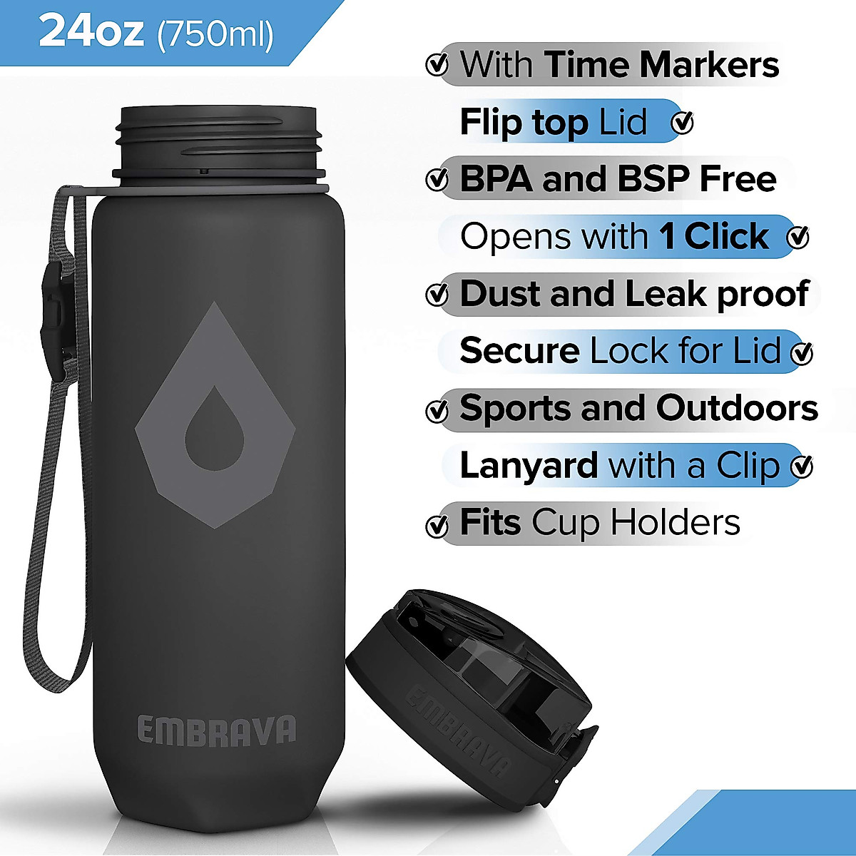 Embrava 24oz BPA-Free Plastic Sports Water Bottle with Time Markers