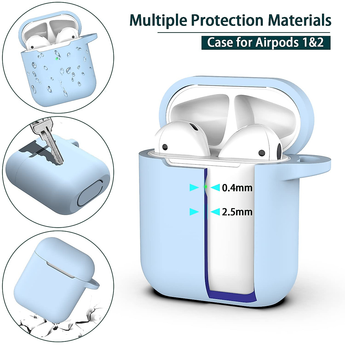 R-fun AirPods 2nd Generation & 1st Generation Case Cover with Cleaner kit and Earbuds Hook Cover (2Pairs),Soft Silicone Protective Case for Apple AirPods- Sky Blue