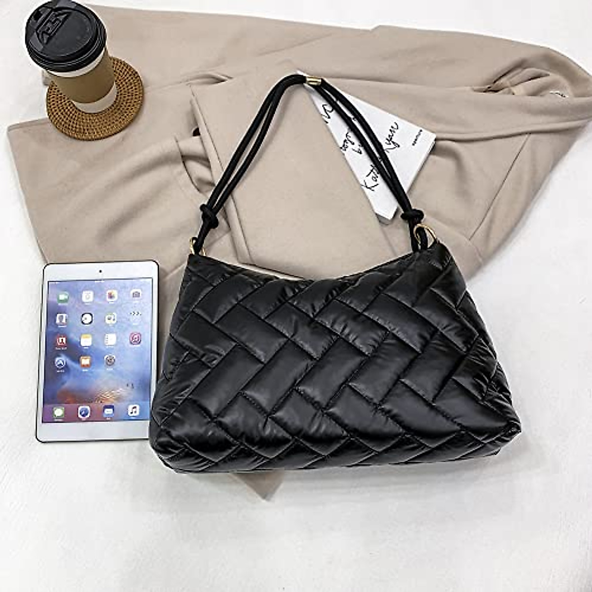 AZURAOKEY Puffer Tote Bag for Women, Quilted Cotton Padded Designer Handbag, Women Nylon Shoulder Bag Design Space Padded Messenger Bag Solid Color Handbag-Black