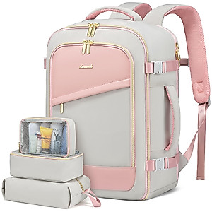 LOVEVOOK Travel Backpack for Women, 40L Carry on Backpack Fits 17 Inch Laptop, Airlines Approved Personal Item Bag, Waterproof Weekender College Business Bags with 3 Packing Cubes, Grey-Pink