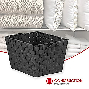 Home Basics Multi-Purpose Medium Woven Strap Open Bin Basket with Handles, Black