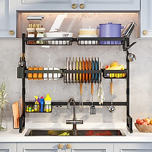 ADBIU Over The Sink Dish Drying Rack (Expandable Height and Length) Snap-On Design 2 Tier Large Dish Rack Stainless Steel (31-39.5L x 12W x 34-38H (inches))