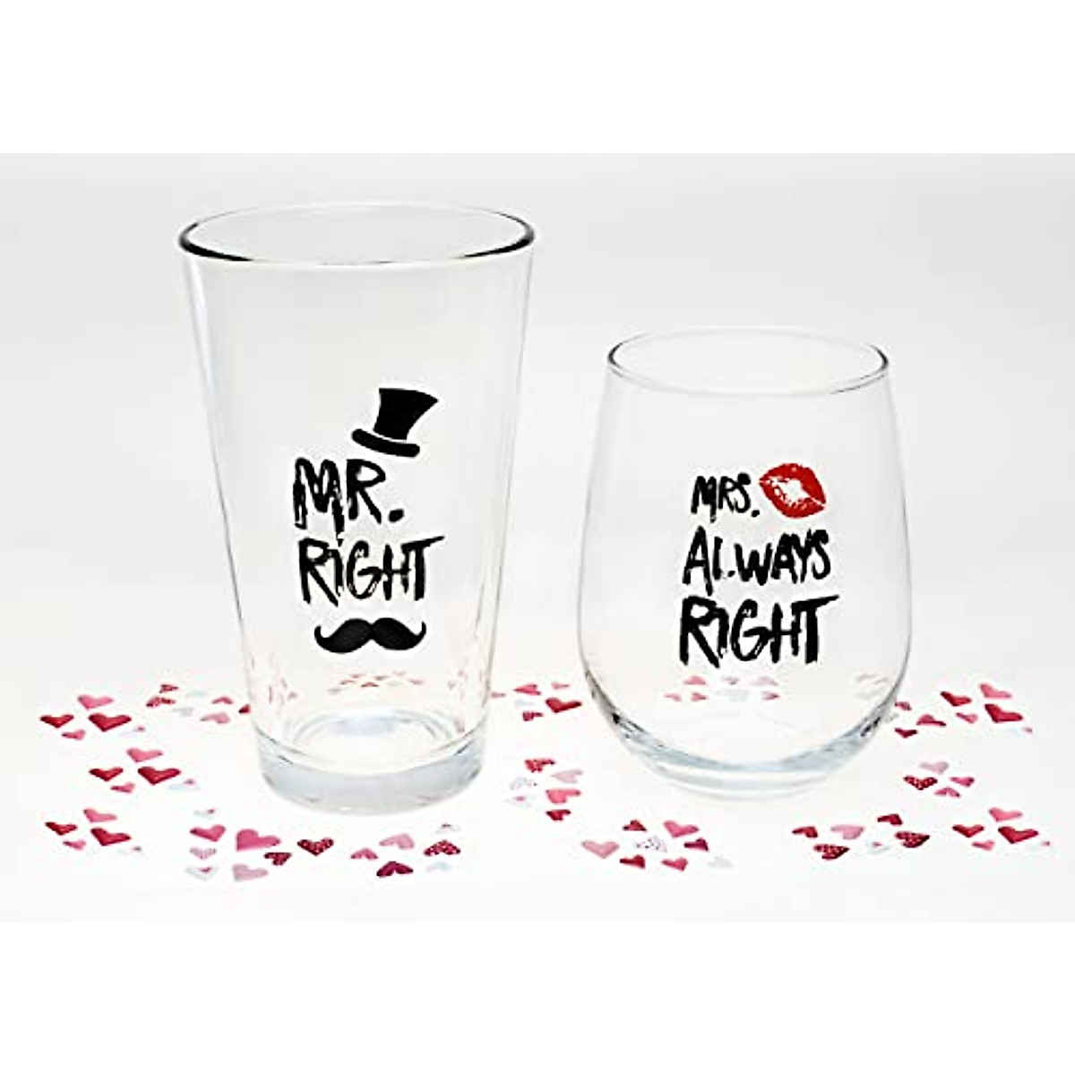 Funny Mr. Right and Mrs. Always Right Novelty Wine Glass and Beer Glass | Includes Fun, Stylish Gift Box | For Weddings, Engagement, Newlywed, Bachelorette, Anniversary, Couples Gifts