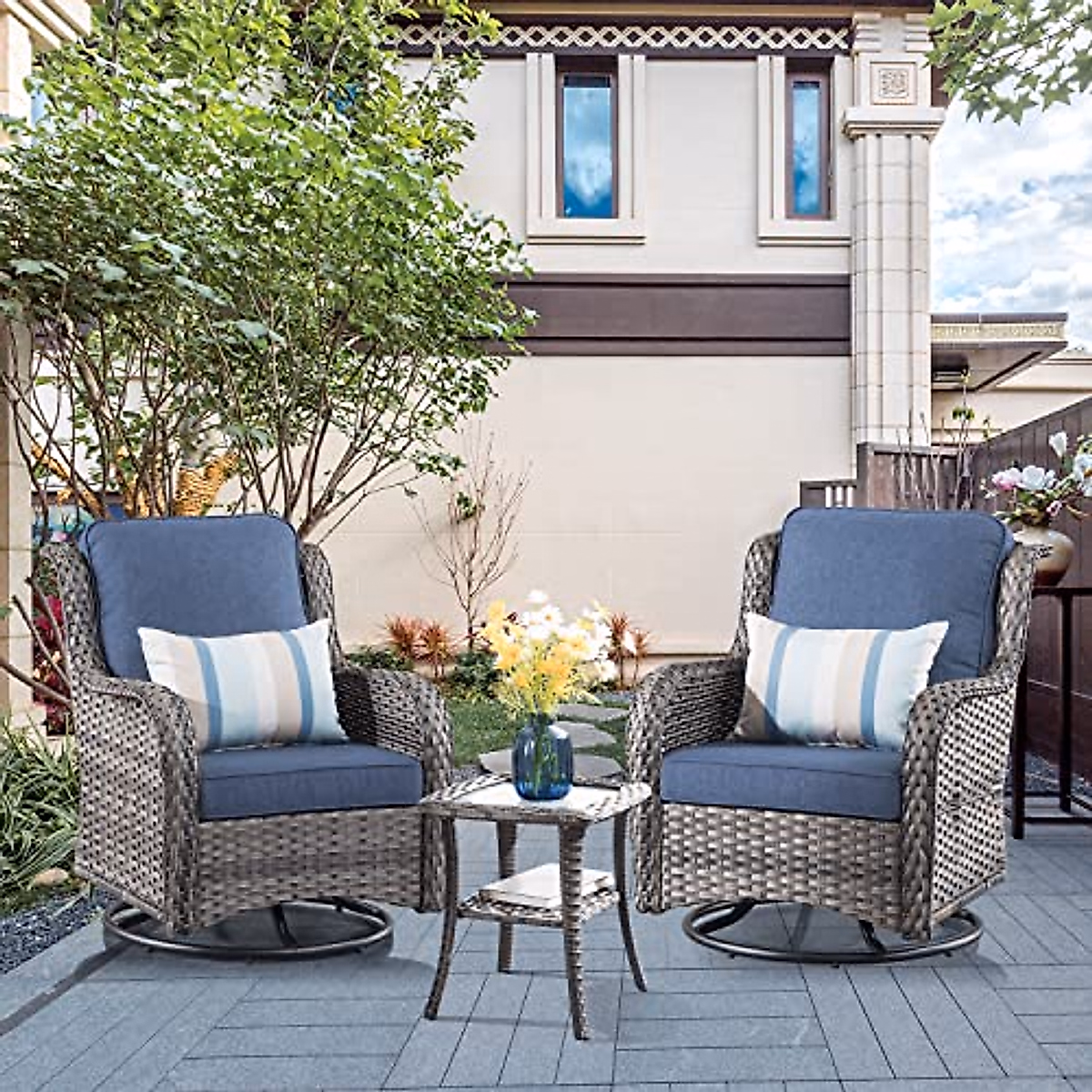 XIZZI Patio Swivel Rocking Chairs Set of 2,Outdoor 360 Degree Rotation Chair Matching Side Table,3 Pieces PE Wicker Patio Bistro Set (Grey Rattan Denim Blue)