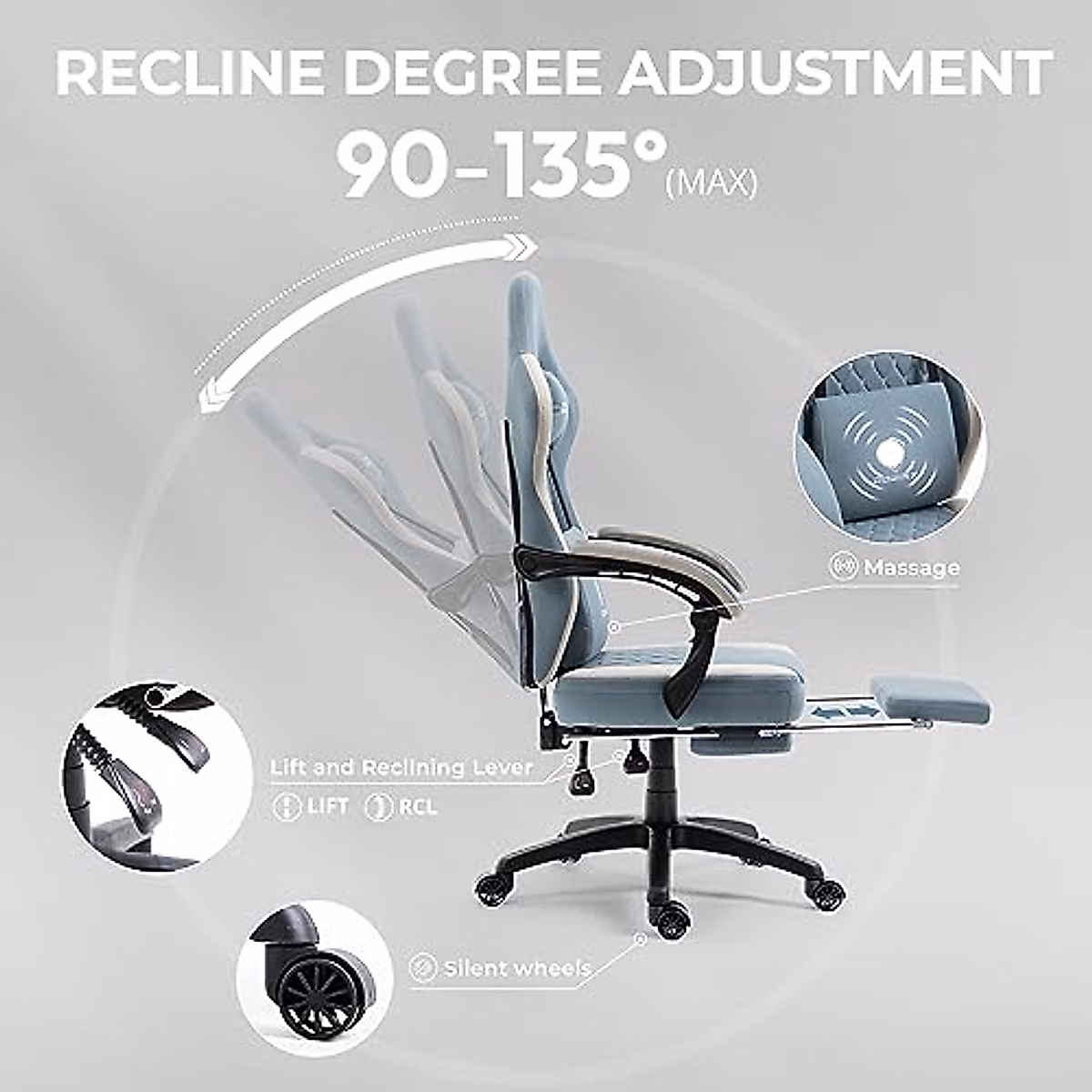 Dowinx Gaming Chair Breathable Fabic Computer Chair with Pocket Spring Cushion, Comfortable Office Chair with Gel Pad and Storage Bags,Massage Game Chair with Footrest,Blue