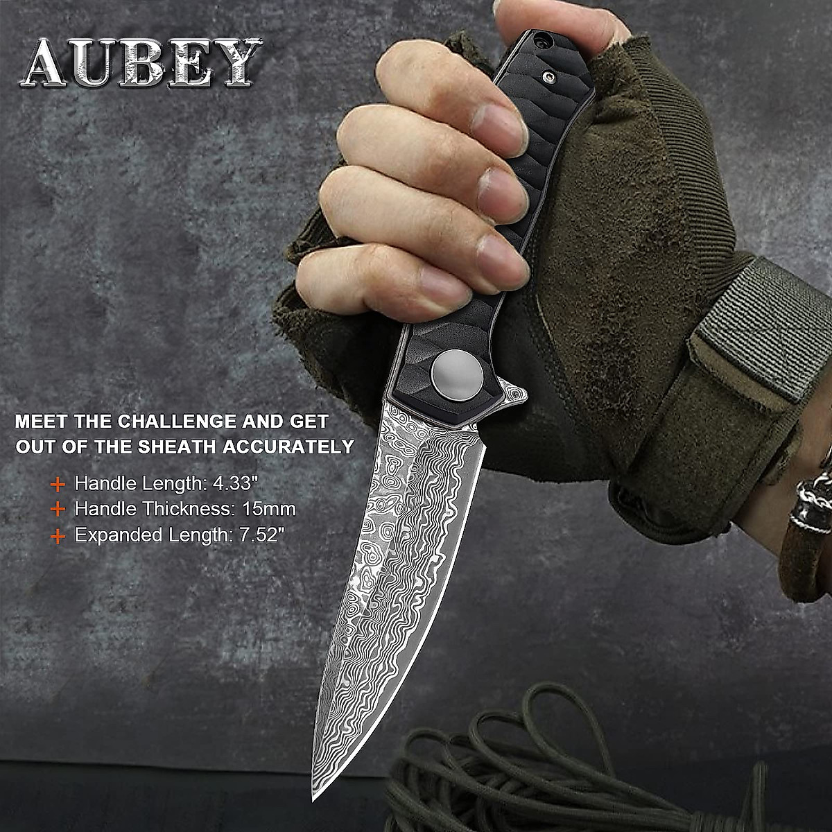 AUBEY Damascus Pocket Knife for Men with Clip EDC, 3.23" VG10 Core Damascus Steel Blade of Folding Knife with Black Aluminum Handle, Sharp Damascus Camping Knife