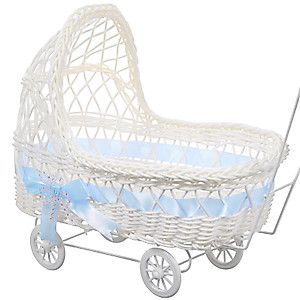 Gadpiparty Rattan Baby Boy Shower Candy Boxes Woven Flower Basket Baby Stroller Shape Wedding Favor Basket Christmas Birthday Treat Box Baptism Basket Boxes Blue