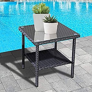 Outdoor PE Wicker Side Table - Patio Rattan Garden Coffee End Square Table with Glass Top Furniture, Black