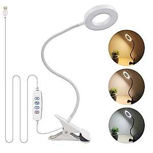 LuxLumin LED Desk Lamp with Clamp for Video Conference Lighting, USB Light for Laptop Zoom Meetings, Clip on LED Ring Light for Computer Webcam Lighting with 10 Brightness and 3 Color Dimmable White