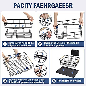 TOOLF Dish Drying Rack, High-Sided Dish Rack for Kitchen Counter, Dish Drainer with Utensil Holder and Drainboard, Small Sink Drainer for Sink, Black