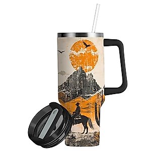 Flradish 40oz Tumbler with Handle, Vintage Western Cowboy Stainless Steel Tumbler with Lid and Straws Double Wall Vacuum Insulated Leakproof Coffee Travel Mug