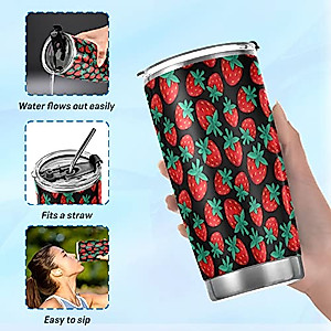 Black Strawberry Stainless Tumbler Insulated Coffee Cups with Lid and Straw Travel Mug for Hot and Cold Drinks 20oz