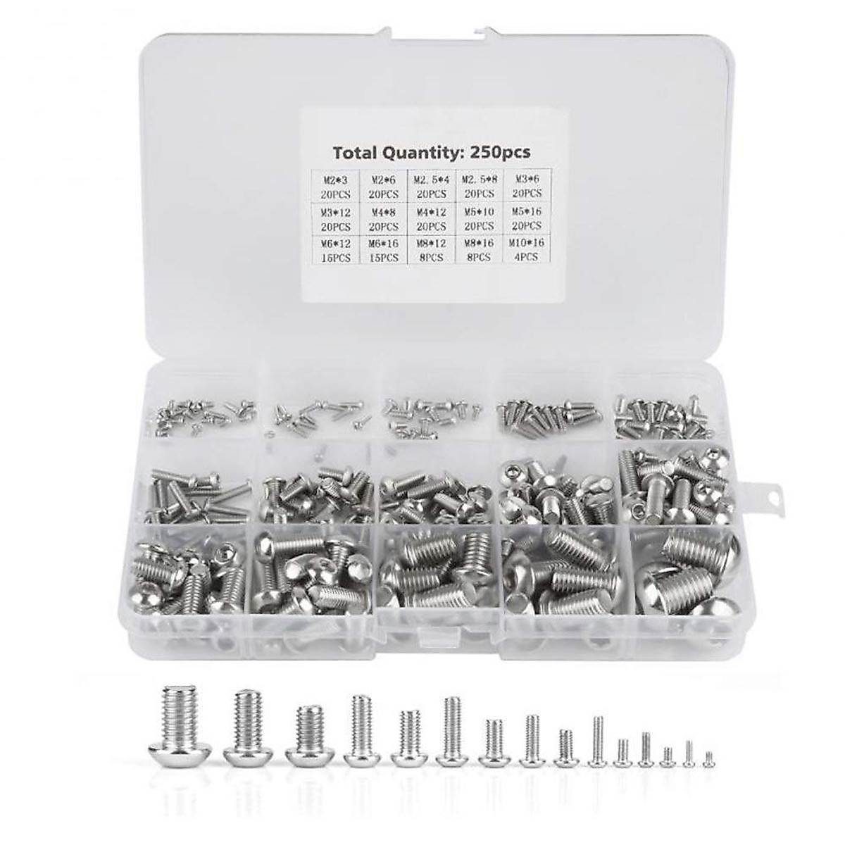 XIDUO 250pcs M2-M10 Machine Screws Stainless Steel Hex Socket Round Pan Head Screws for Laptop/Keyboard/Phone/PC Fastener Repair Tool Hardware Parts