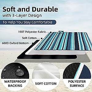 ZAZE Picnic Blankets Beach Blanket, 80''x80'' Extra Large Thick 3-Layers, Sandproof Machine Washable Waterproof Foldable Oversized XL Outdoor Mat, for Camping, Park, Travel, Grass(Blue White Stripe)