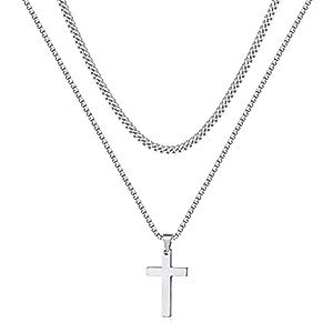 Cross Necklace for Men, Mens Cross Necklaces Stainless Steel Silver Cross Necklace Cross Chain for Men Layered Cuban Link Chain for Men 16-18 Inch Cross Necklace Mens Jewelry Gifts for Dad Boyfriend